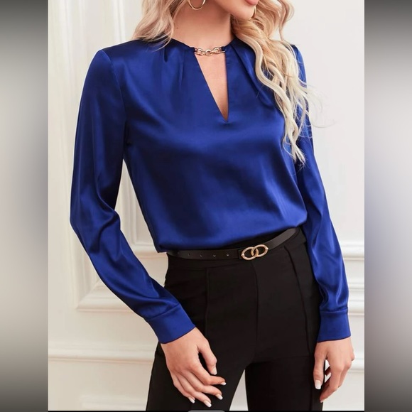 Tops | Luxe Chain Detail Keyhole Neck Satin Blouse | Poshmark
